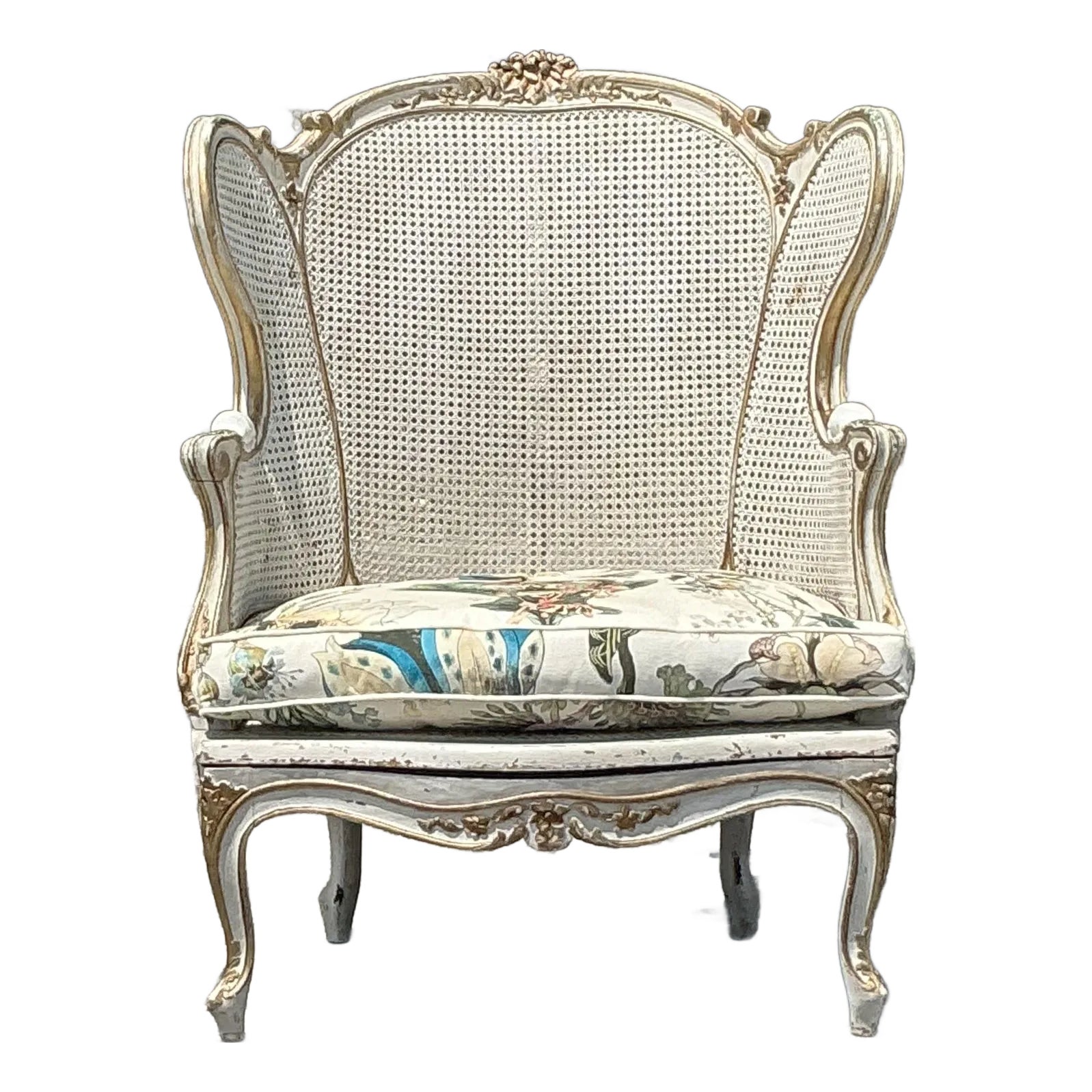 Vintage Italian Cane Wingback Chair With Hackney House Upholstery | Chairish