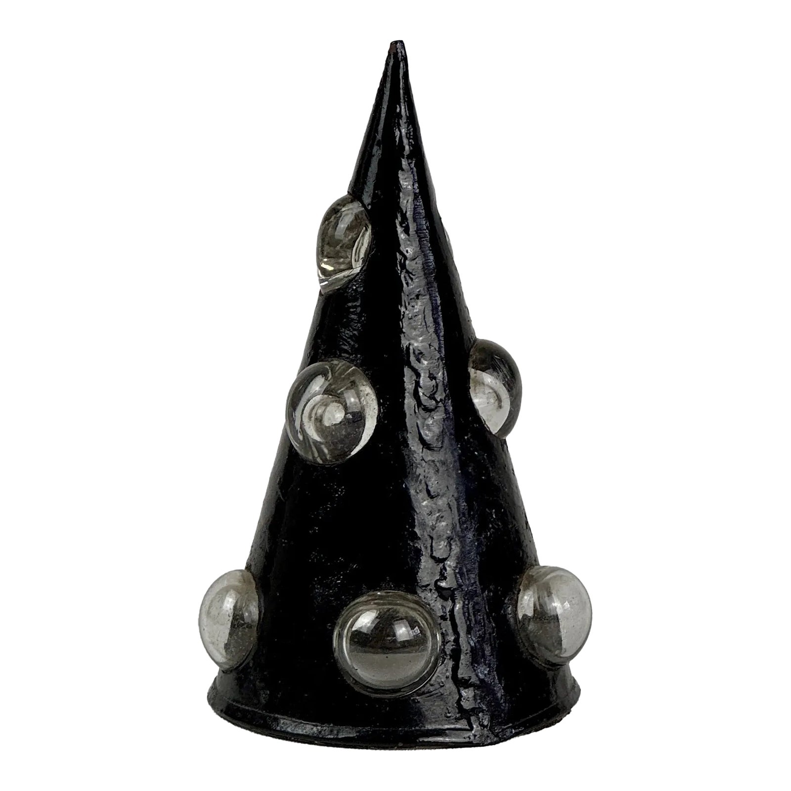 Vintage Objet d'Art Black Metal Cone With Clear Glass Hand Blown ...