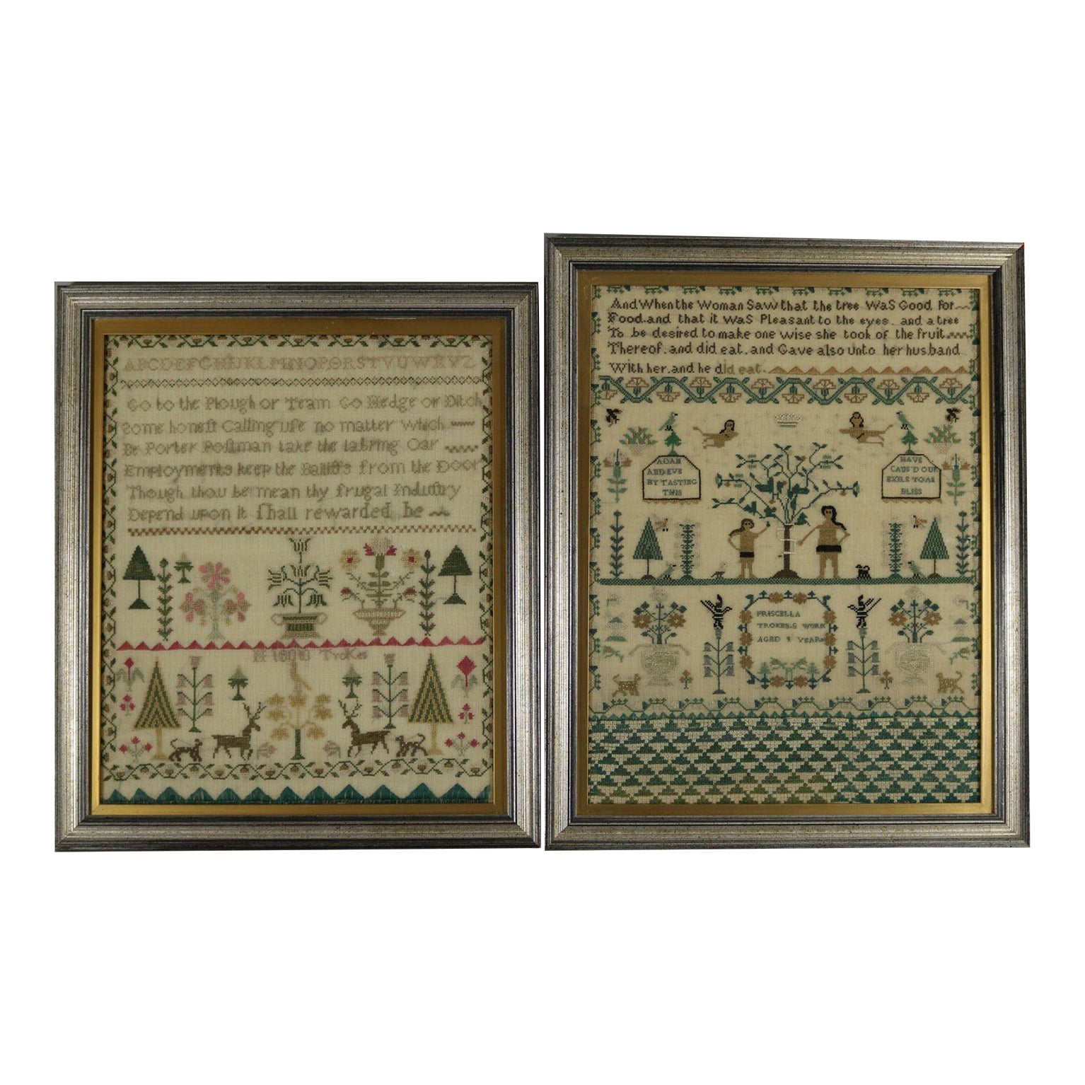Pair of Sister Samplers, 1810, Priscella and H Trokes | Chairish