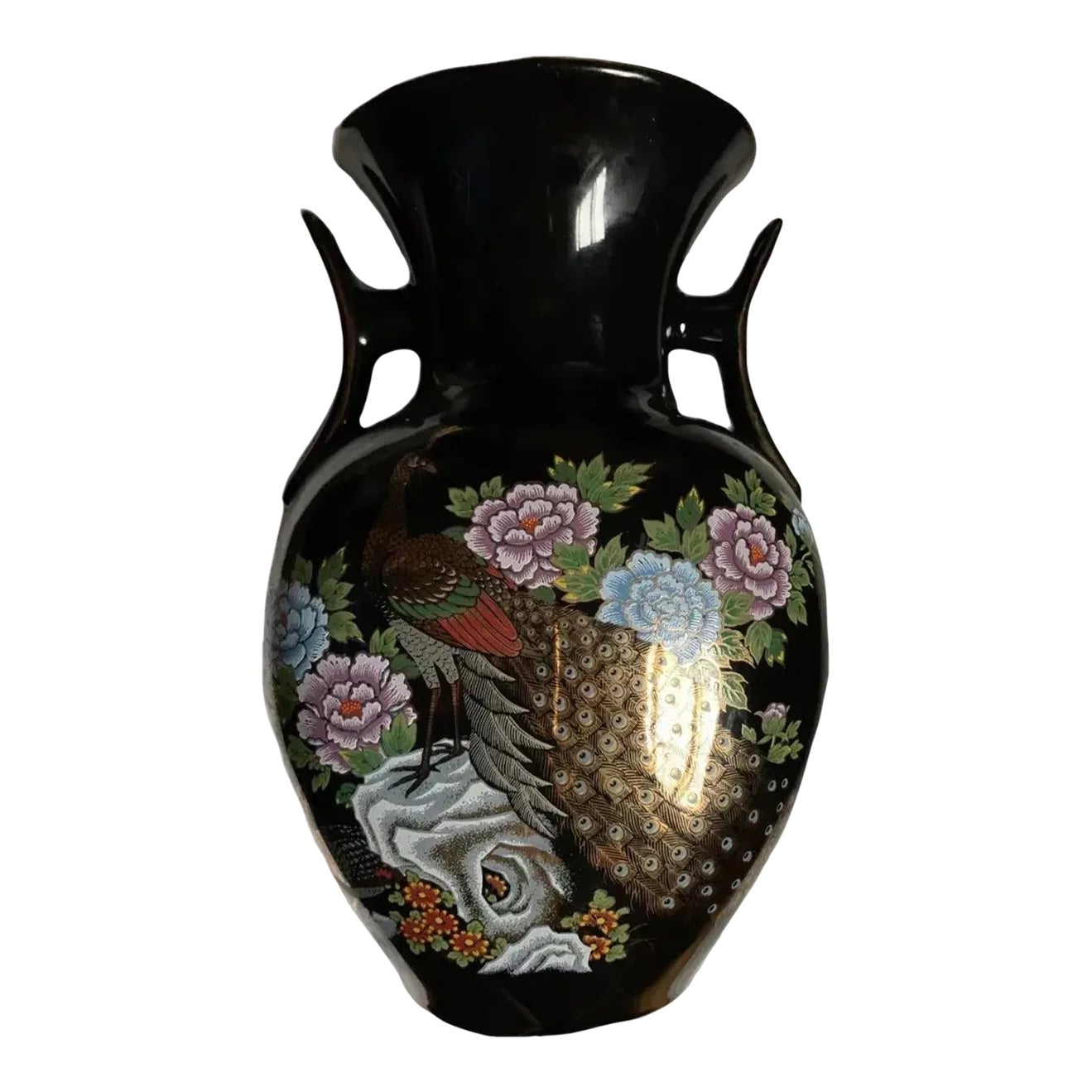 Vintage Japanese Urn Vase With Peacock and Flowers | Chairish
