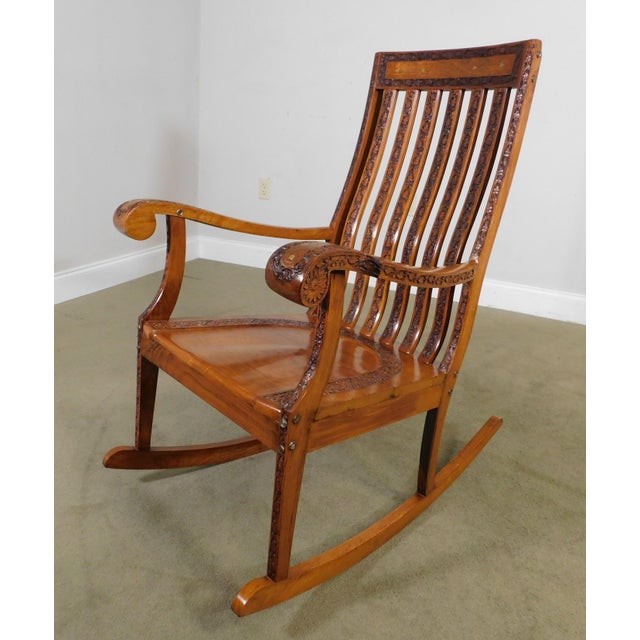 Vintage Indian Carved Hardwood Brass Inlaid Rocker | Chairish