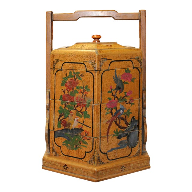 Chinese Yellow Lacquer Season Floral Graphic Stack Box Basket | Chairish