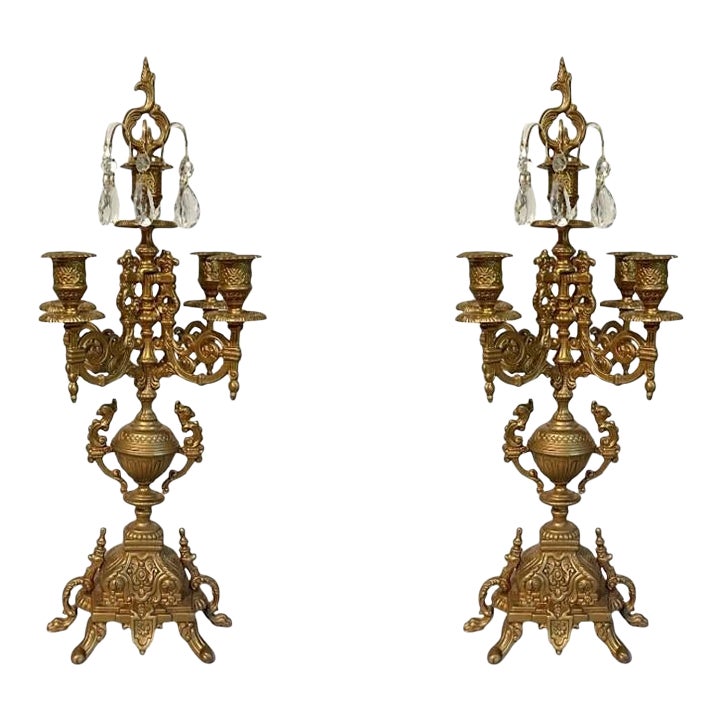 Pair of Vintage Italian Baroque Brass Brevattato 6 Light Candelabra W ...