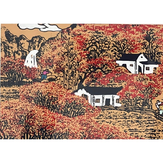 The Autumn Forest Village, Modernistic Original Woodblock Framed ...