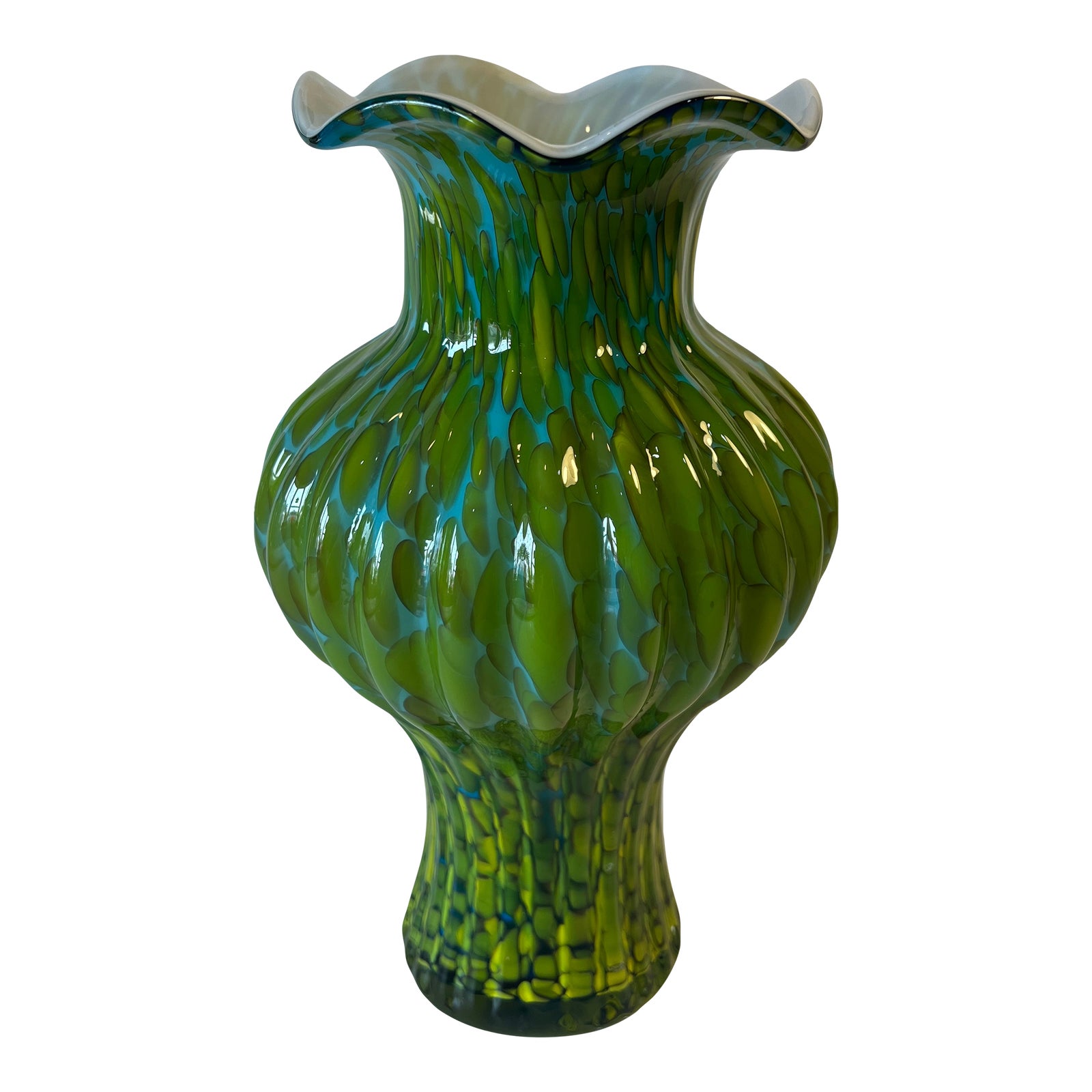 Hand-Blown Art Glass Bulbous Vase With a Wavy Lip Spattered Green Ovals ...
