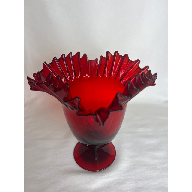 Vintage Blenko Ruby Red Crimped Edge Pedestal Vase | Chairish