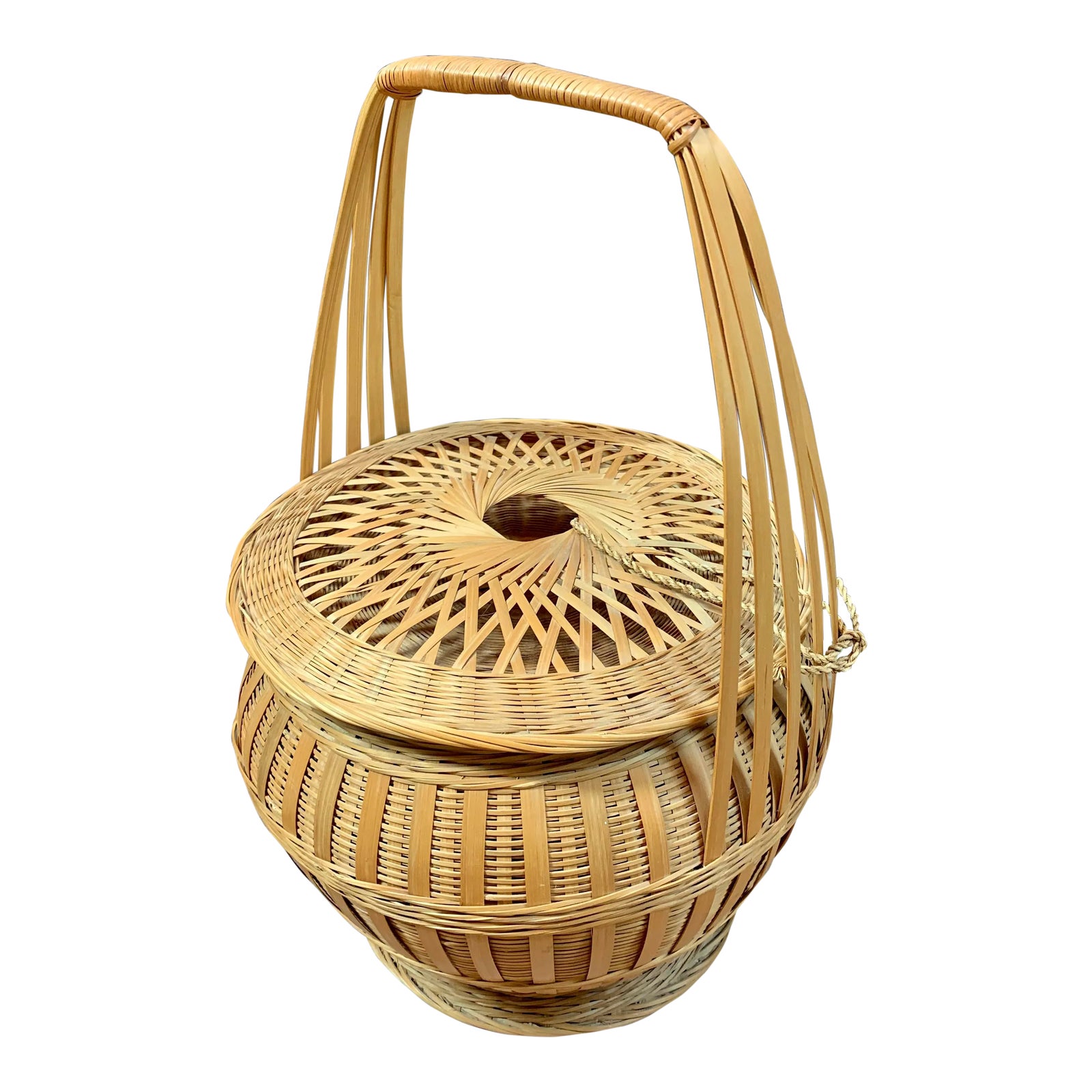 1970s Chinese Bamboo & Rattan Lidded Basket | Chairish