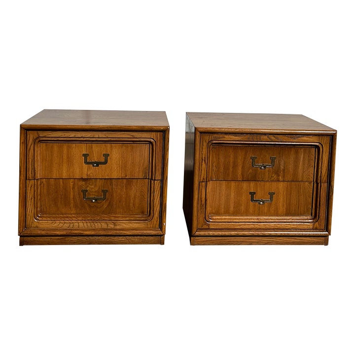 Pair of Thomasville Campaign Oak Nightstands | Chairish
