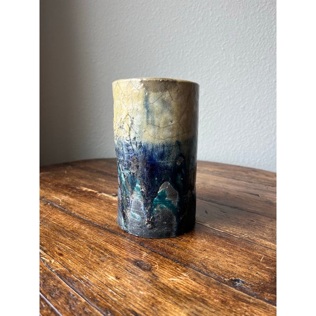 Studio Pottery Marked Libby ‘88 Cylinder Drip Glaze Vase | Chairish