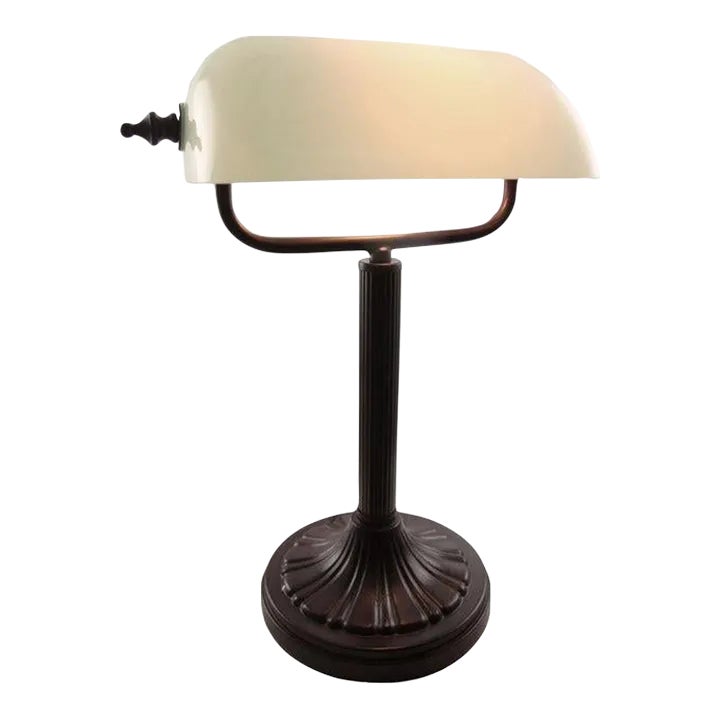 Contemporary Bank Table Lamp in White Opal | Chairish