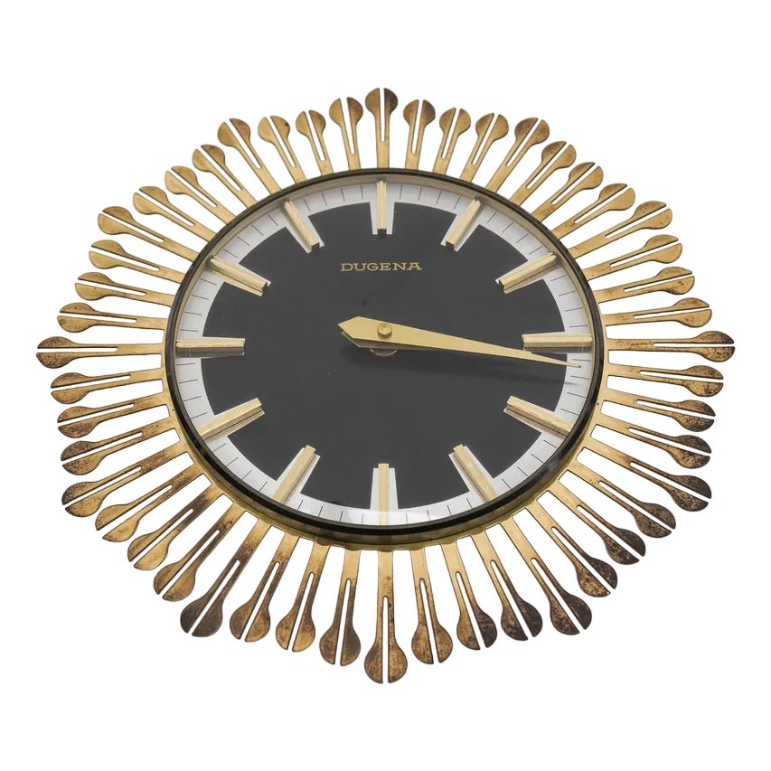Mid-Century Modern Brass Sunburst Wall Clock from Dugena, Germany ...