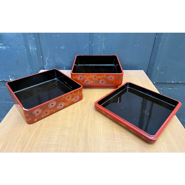 Japanese Lacquered Floral 3-Tier Box | Chairish