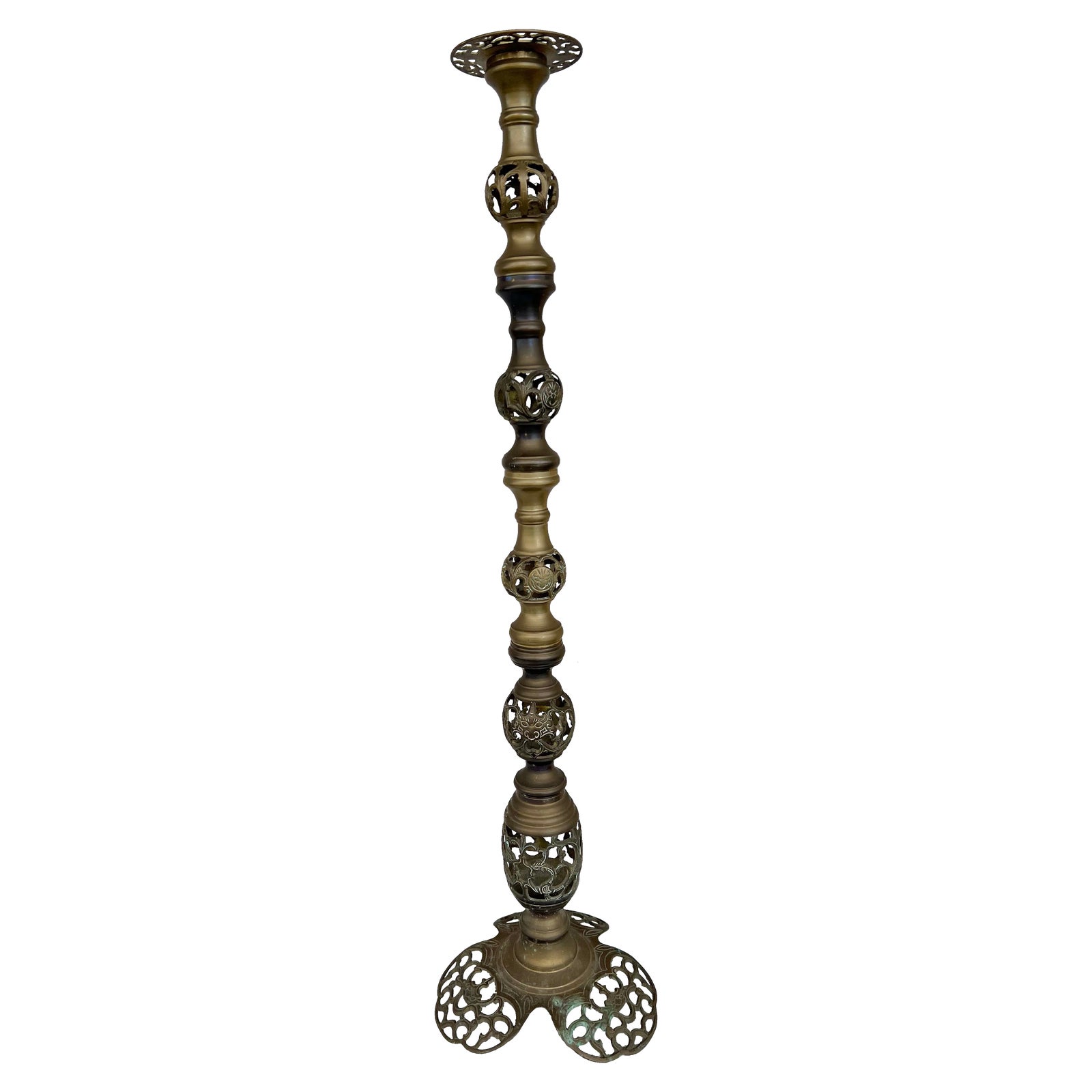 1970s Solid Brass Openwork Floor Pricket Candlestick | Chairish