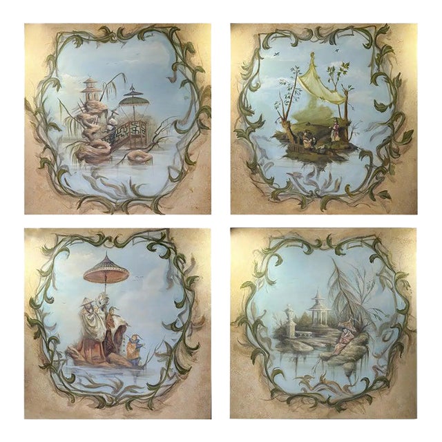 Late 20th Century Four Panel Set of Chinoiserie Paintings by Artist ...