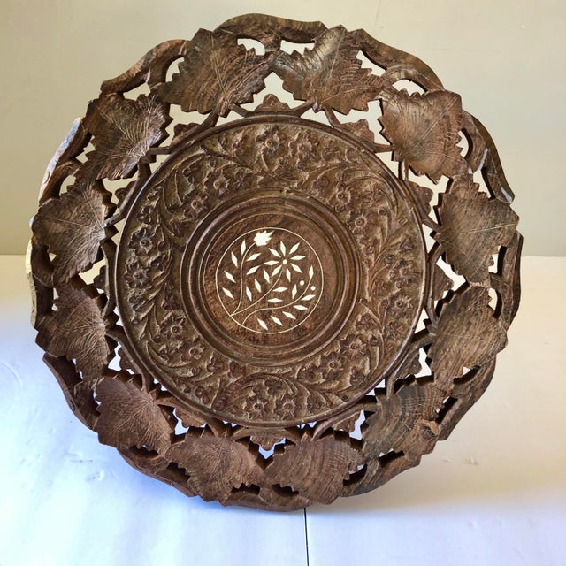 Middle Eastern Syrian Inlaid Carved Wood Table | Chairish