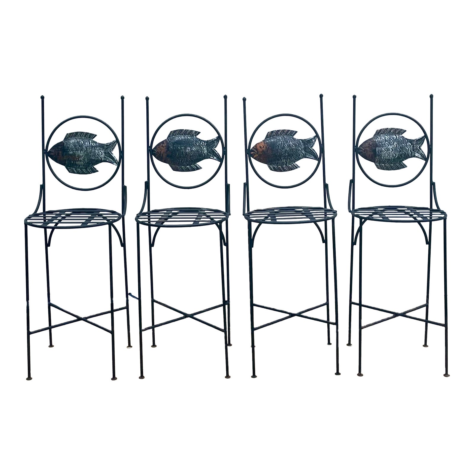 1990s Mexican Fish Pressed Wrought Iron Bar Stools - Set of 4 | Chairish