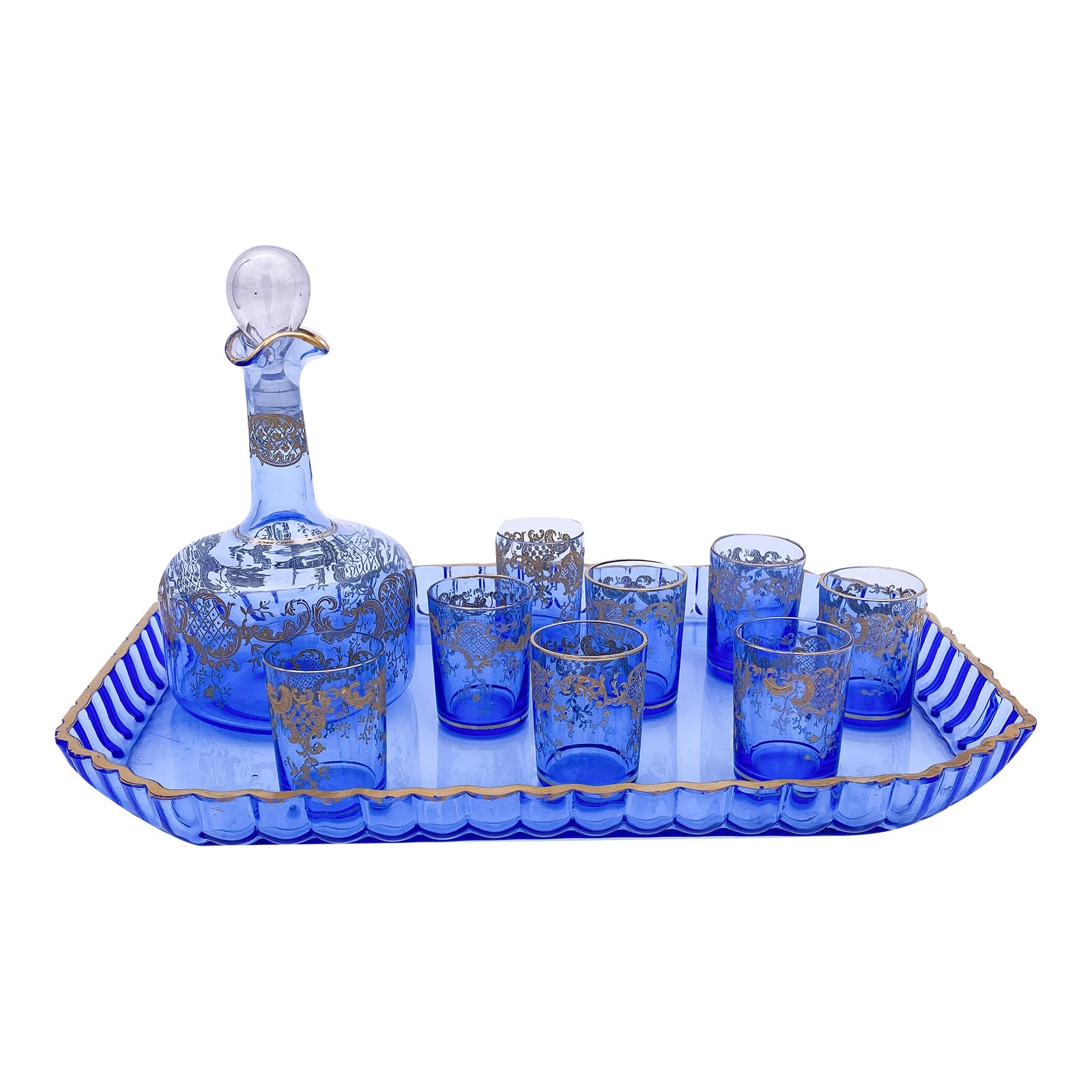 Antique Blue & Gold Embellished Glass Set- 10 Pieces | Chairish
