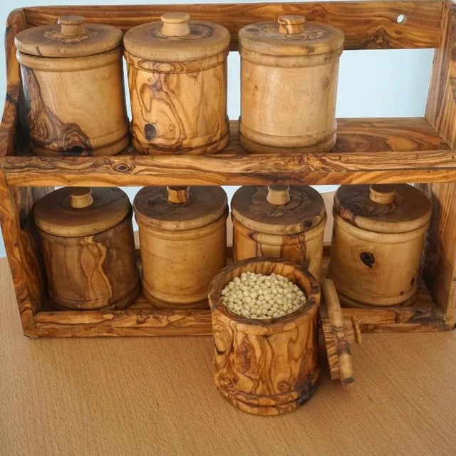 Farmhouse Spice Rack With 8 Natural Wooden Spice Boxes | Chairish