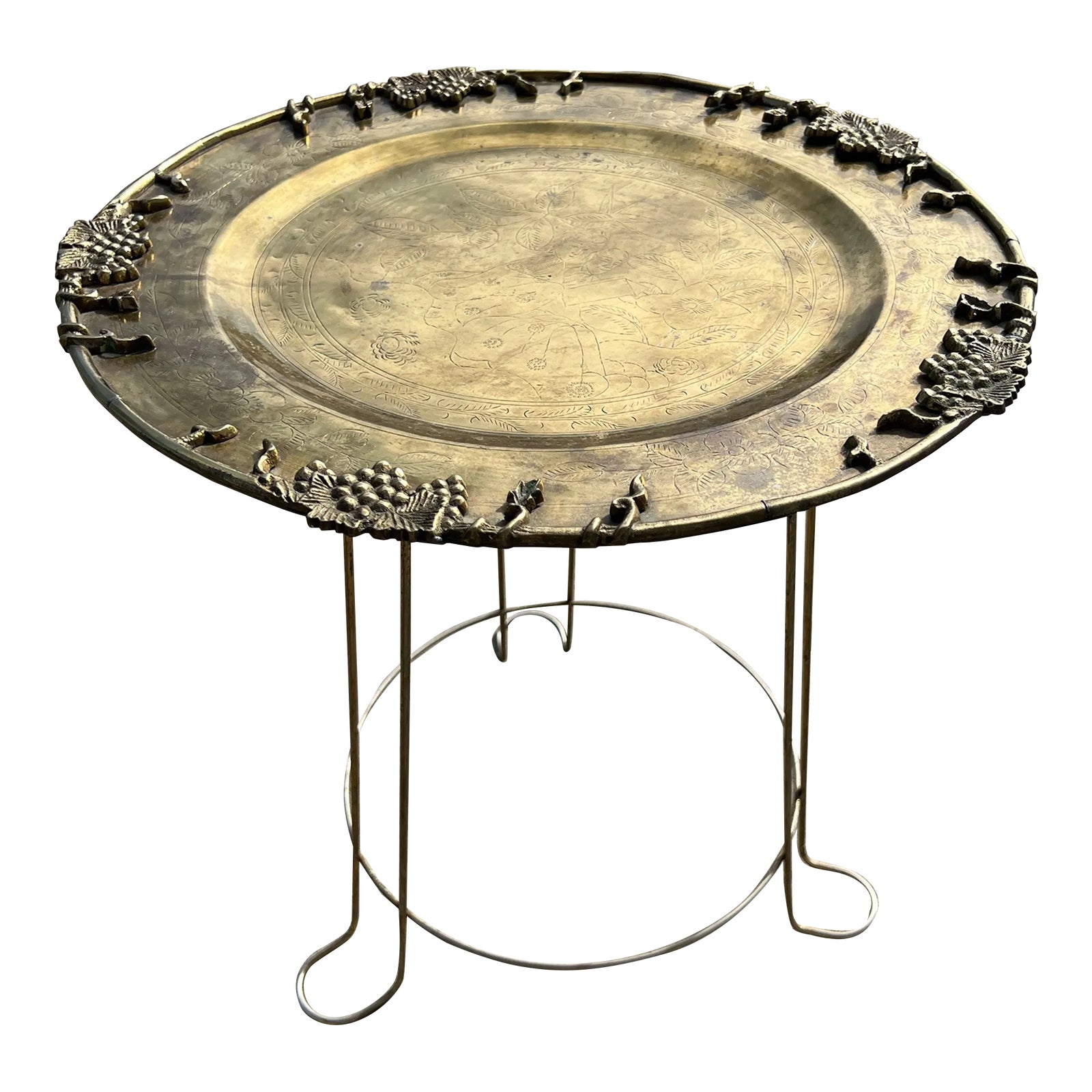 Mid 20th Century Vintage Engraved Round Brass Tray Table With Removable ...