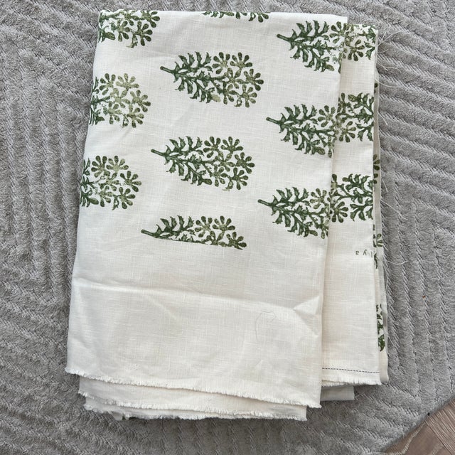 Namay Samay Alya Green Kale Hand Printed Linen Fabric- 2 Yards | Chairish