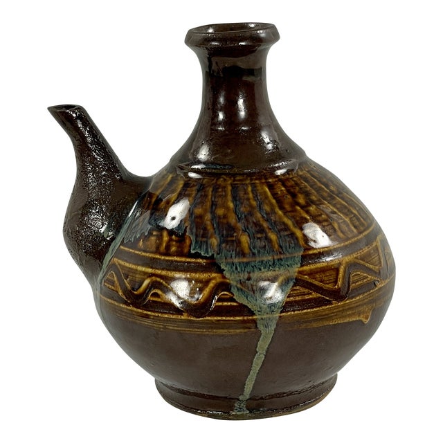 1980s Brown Glazed Pottery Pitcher | Chairish