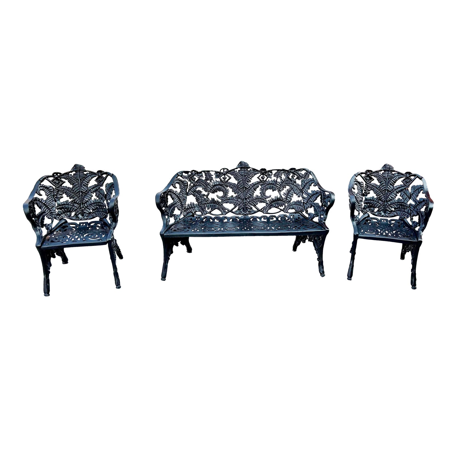 Vintage Stuart Iron Works Style Ornate Cast Iron Garden Bench & Chairs ...