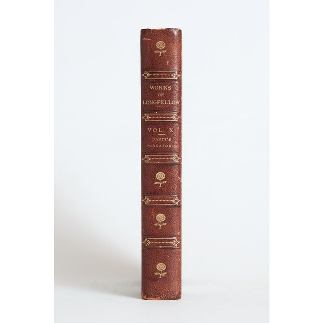 Antique Works of Longfellow Brown Leather-Bound Books - Set of 7 | Chairish