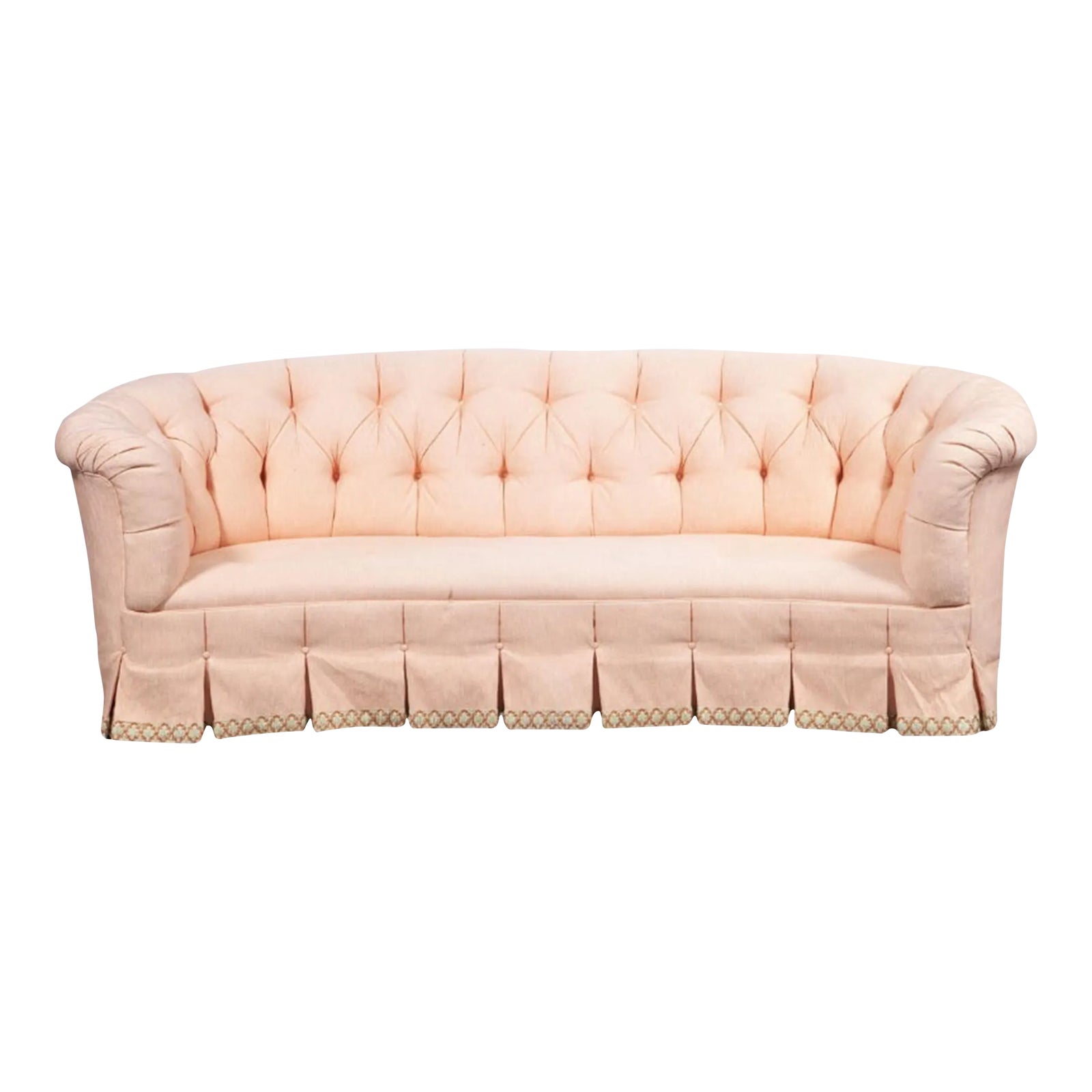 Pale Pink Button Tufted Upholstered Sofa With Pleated Skirt | Chairish