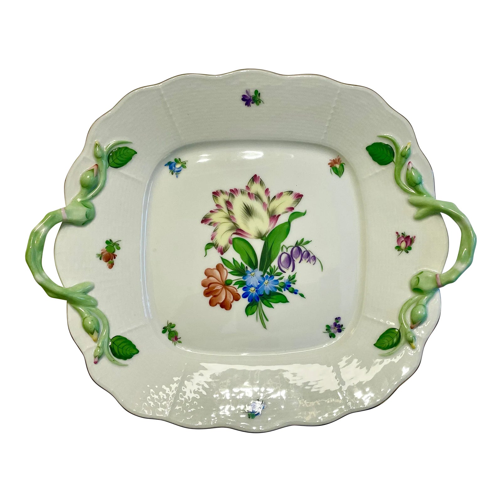 Herend Printemps Square Cake Plate With Handles | Chairish