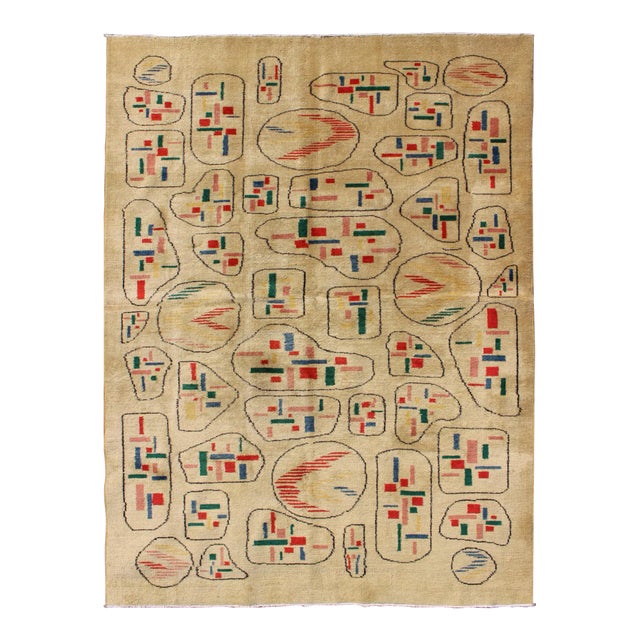 Yellow Background Vintage Turkish Mid-Century Modern Rug With Geometric ...