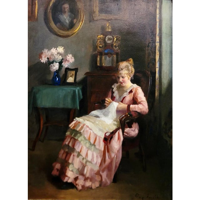 Emil Pap-Woman Sawing by the Window in an Elegant Home Interior-Oil ...