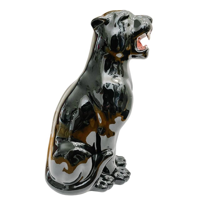 Italian Glazed Ceramic Standing Black Panther Statue | Chairish