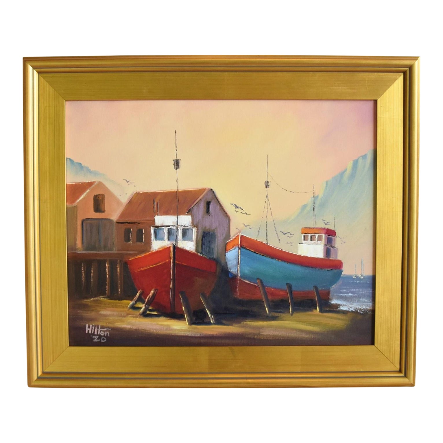 Fishing Boats & Dock Nautical Landscape Seascape Oil Painting Displayed ...