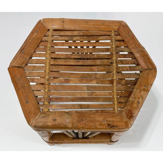 Large Vintage Scorched Bamboo Hex Shaped Riser or Stand | Chairish