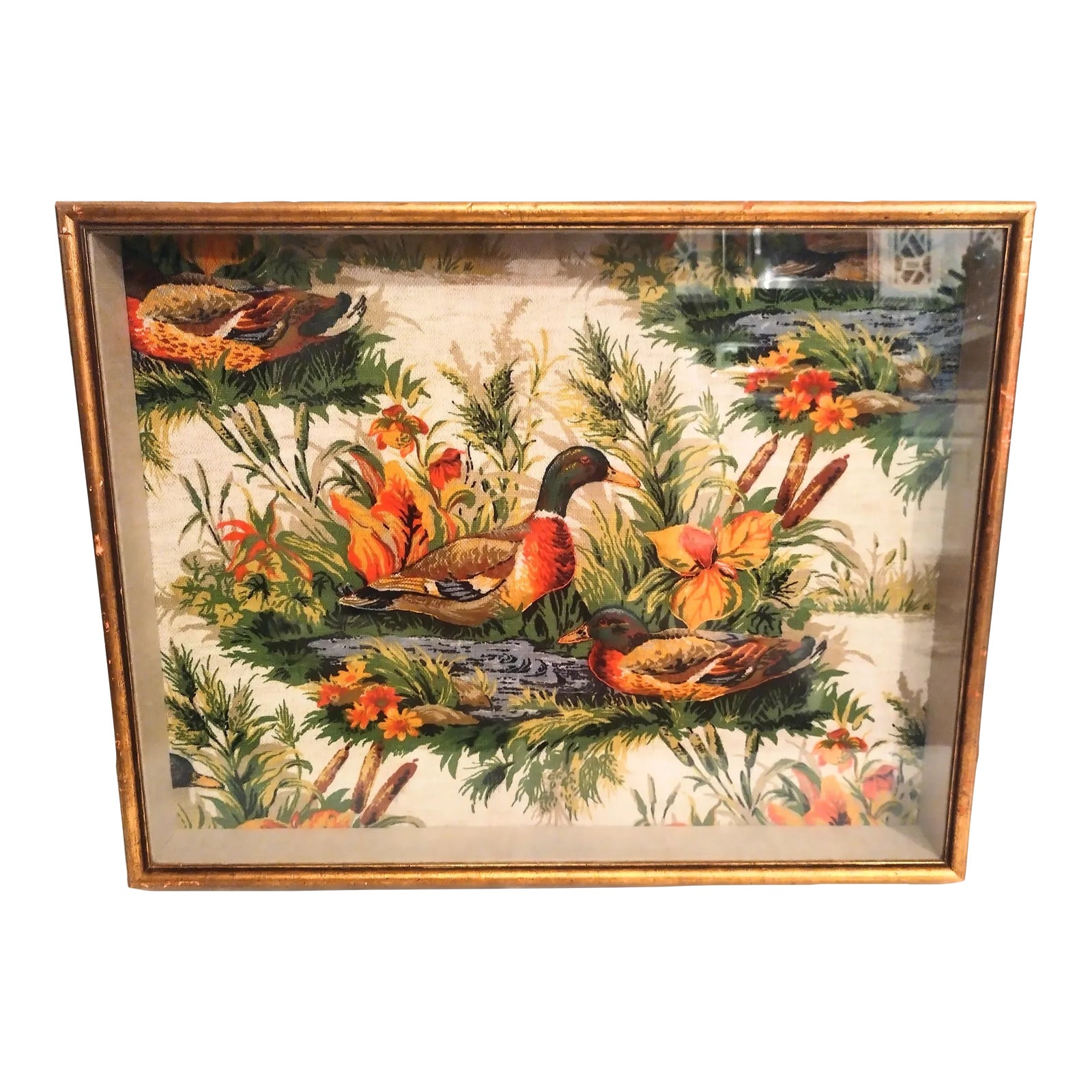 Custom Vintage One of a Kind Needlepoint Ducks in the Field Framed Gold ...