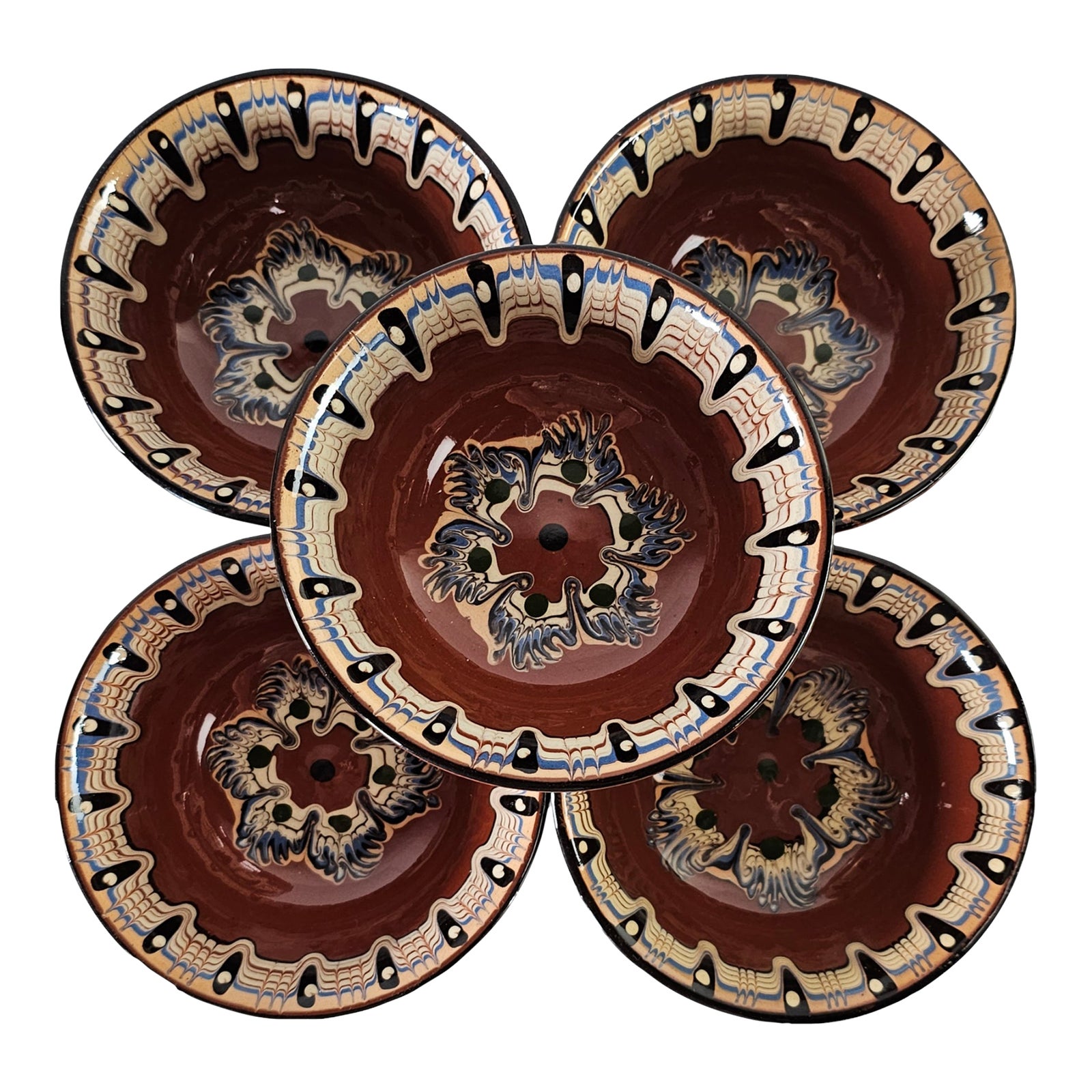 Hand Painted Bulgarian Troyan Red Feather Soup Coup Bowls Set of 5 ...