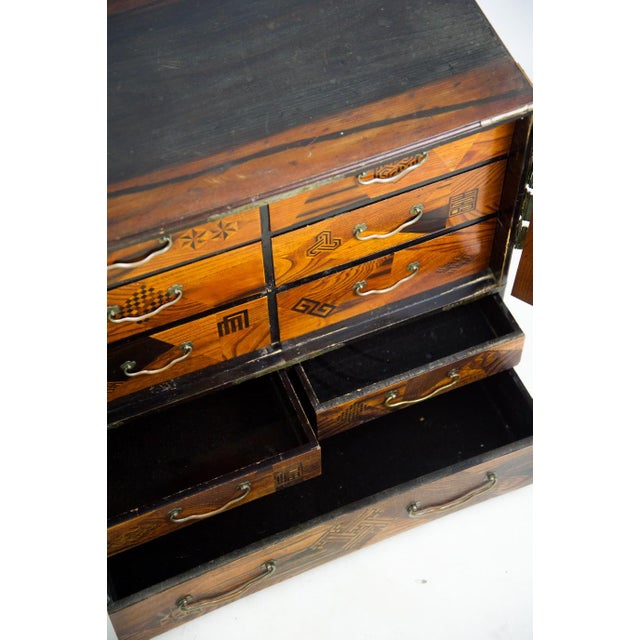 1930s Vintage Chinoiserie Inlaid Wood and Brass Banded Jewelry Box ...