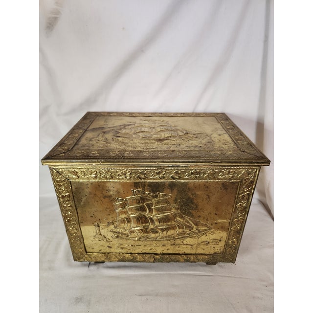 Antique Brass Embossed Nautical Ship Scene Kindling Box | Chairish