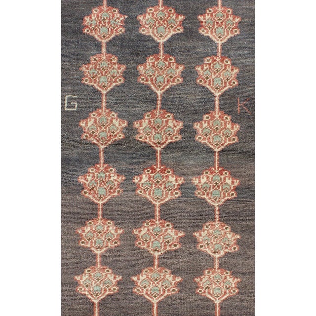 Vintage Turkish Tulu Rug With Three Rows of Flowers on Gray & Charcoal ...