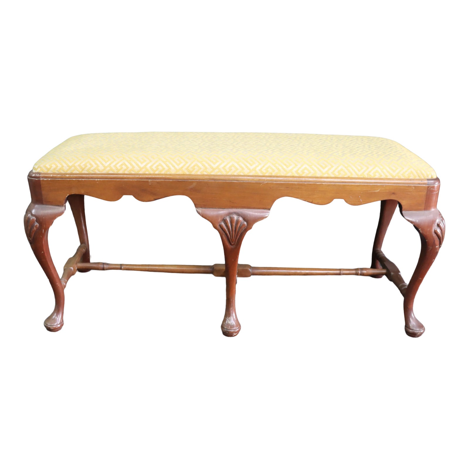 Queen Anne Style Carved Walnut Upholstered Bench | Chairish