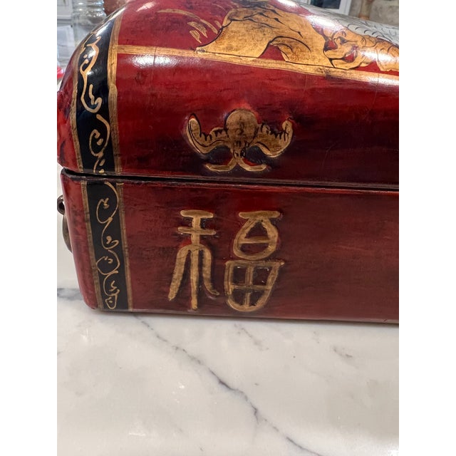 Antique Chinese Red Leather Lacquered and Gold Painted Box With Birds ...