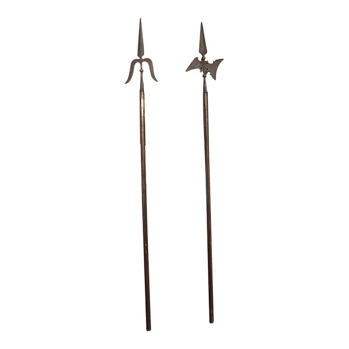 Pair of Tall and Decorative Wood and Iron Halberds, Circa 1900 | Chairish