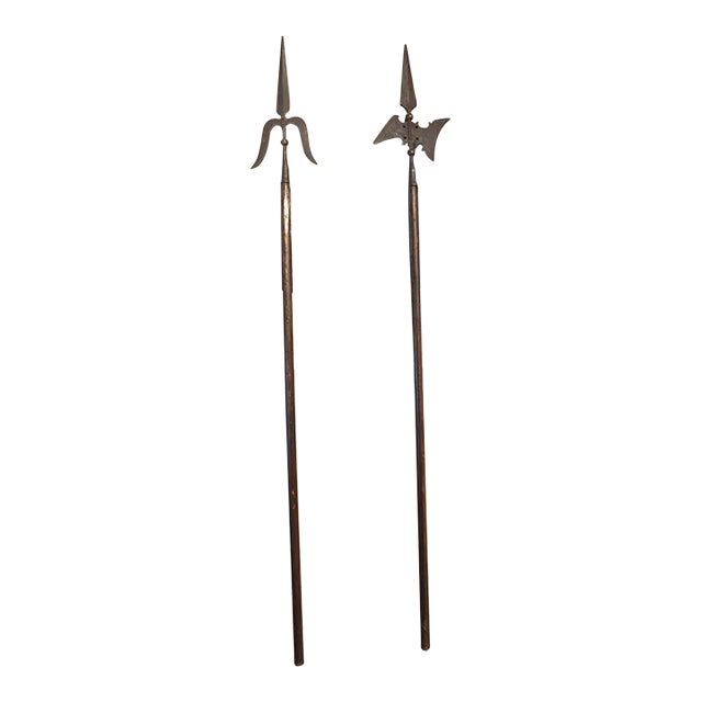 Pair of Tall and Decorative Wood and Iron Halberds, Circa 1900 | Chairish
