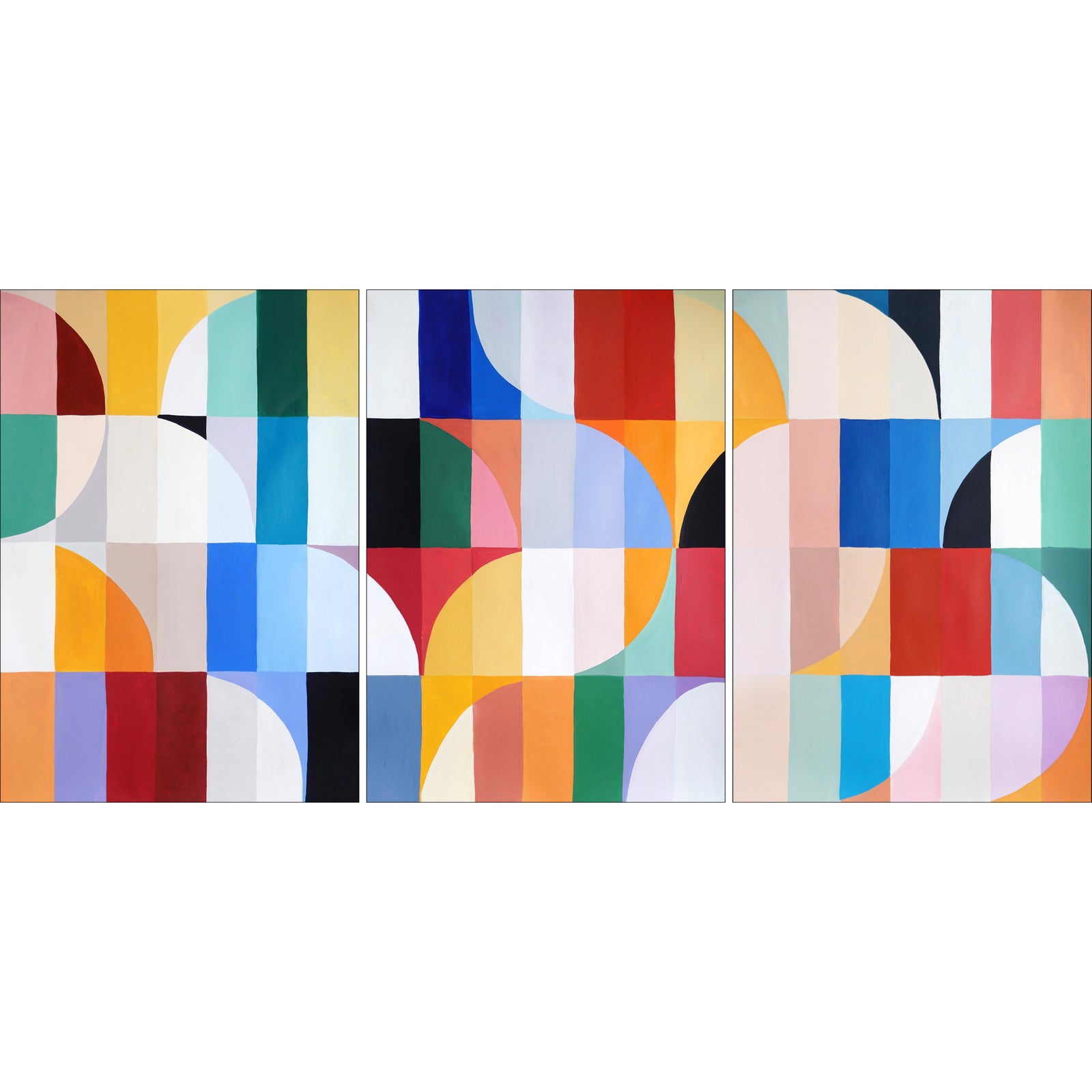 2025, Abstract Geometric Triptych in Primary Tones of "Checkered Spring Sunsets", Acrylic ...