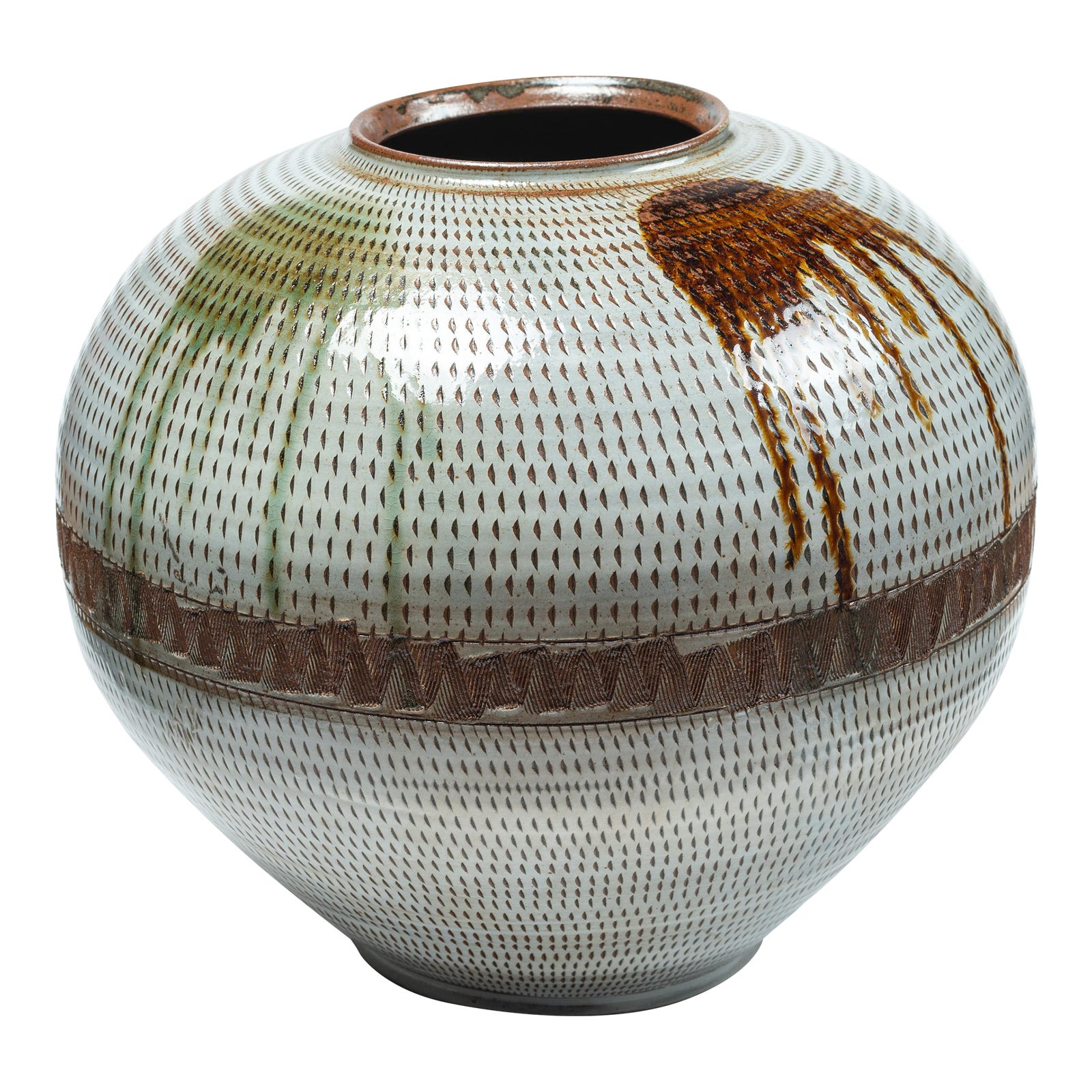 Large Mid 20th Century Koishiwara Vase With Chatter-Marks and Two-Colour Uchikake Splash ...