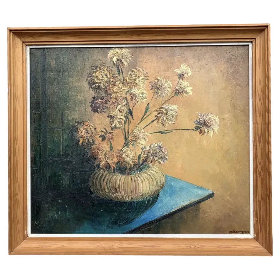 Still Life with Chrysanthemums, Oil on Canvas, Framed | Chairish
