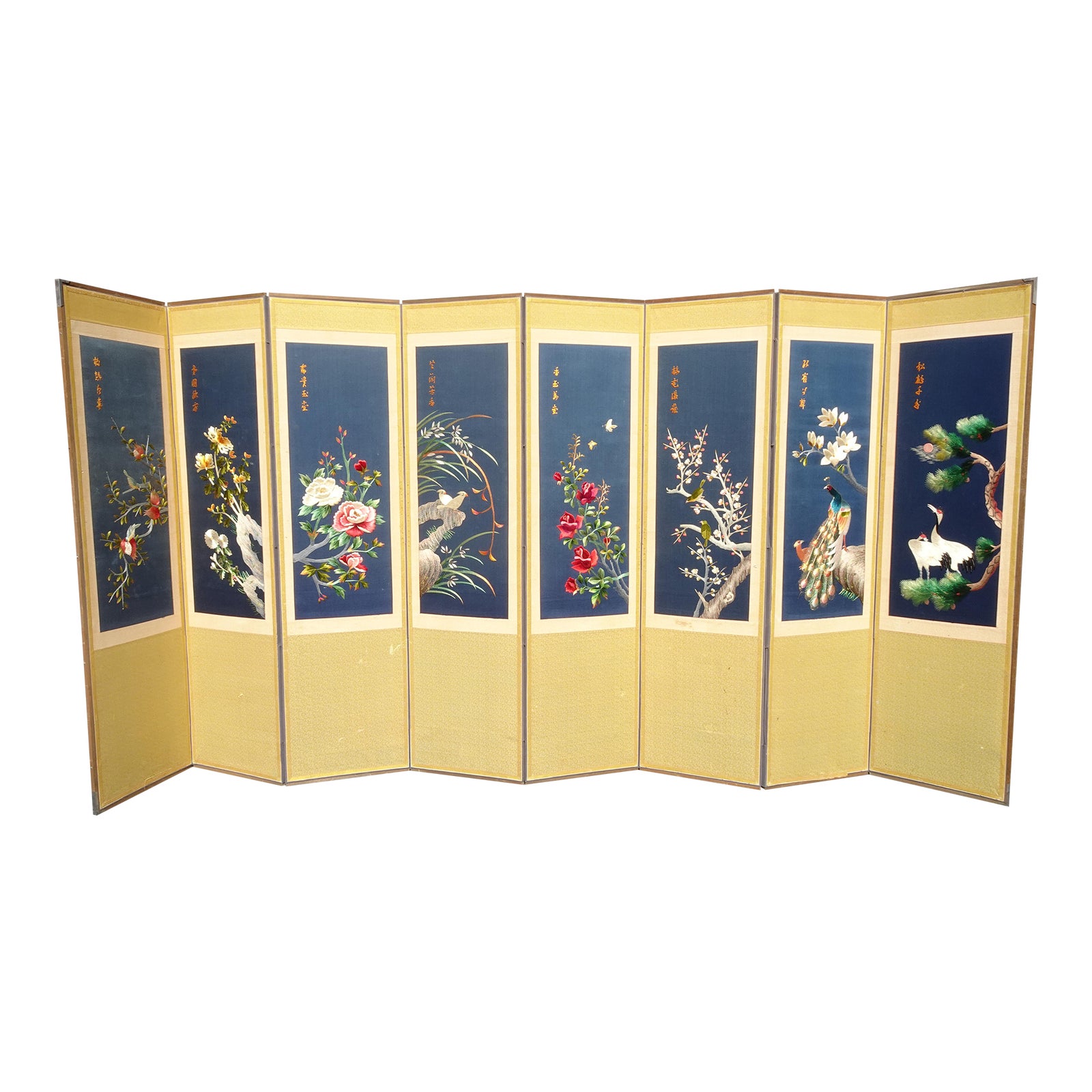 Vintage Oriental Asian Silk Embroidered Eight Panel Screen Room Divider ...
