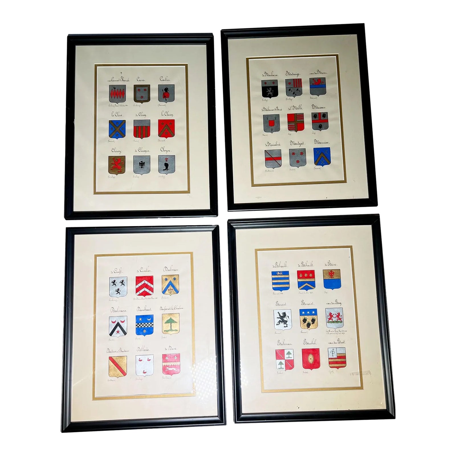 Vintage Hand Painted Family Crest in Black Frames - Set of Four | Chairish