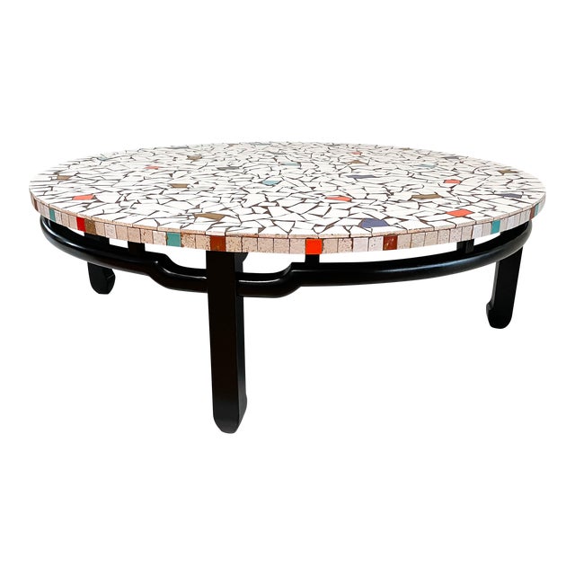 Mid-Century Mosaic Tile Top Round Coffee Table | Chairish