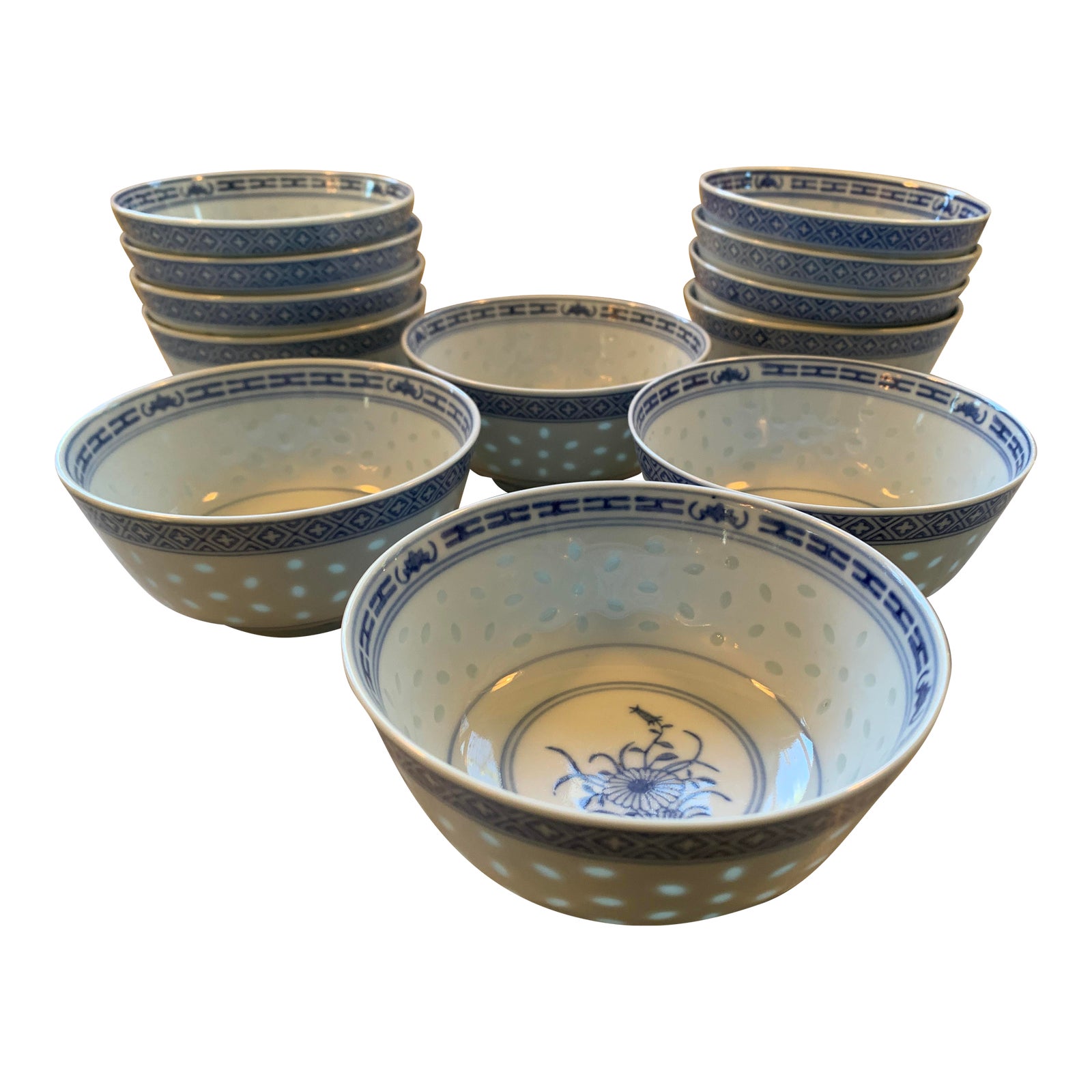 Vintage Chinese Blue & White Porcelain Rice Grain Bowls Set of 12 ...